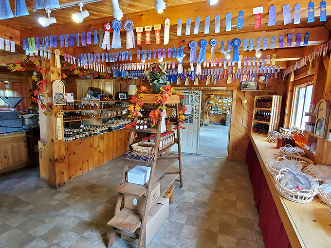 Ribbons galore! This isn't just a store, it's a shrine to syrup superiority. Each award tells a story of sweet, sticky success.