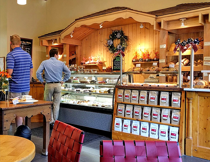 Step into carb heaven! The interior of Bit of Swiss is a warm embrace of wood paneling and display cases that'll make your sweet tooth sing.