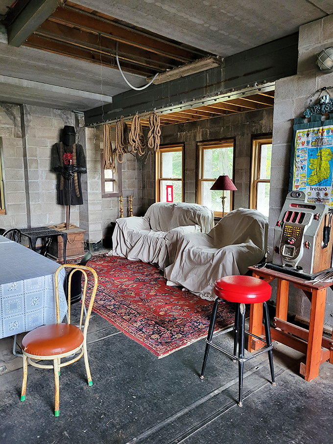 Who needs a man cave when you can have a castle cave? This eclectic living space is a thrift store lover's paradise.