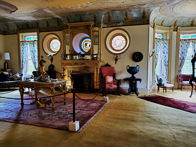 Step into a room that's part "Downton Abbey," part curiosity shop. Those circular windows are like portholes to another era &ndash; no seasickness required!