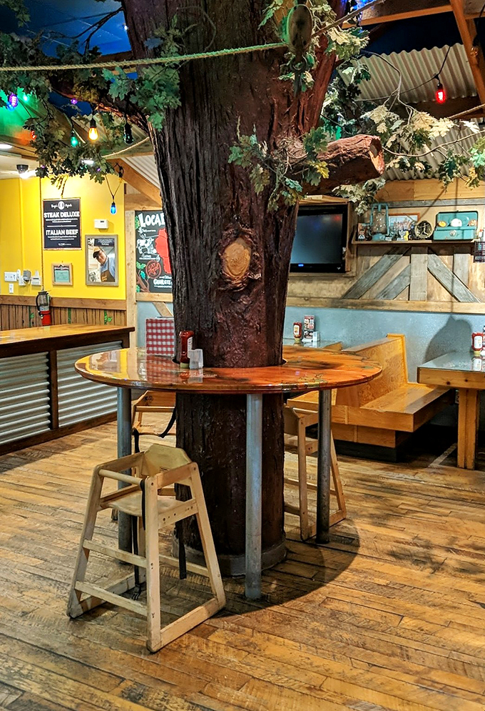 Step inside and embrace your inner child! This magical interior, complete with a real tree, turns dining into a storybook experience.
