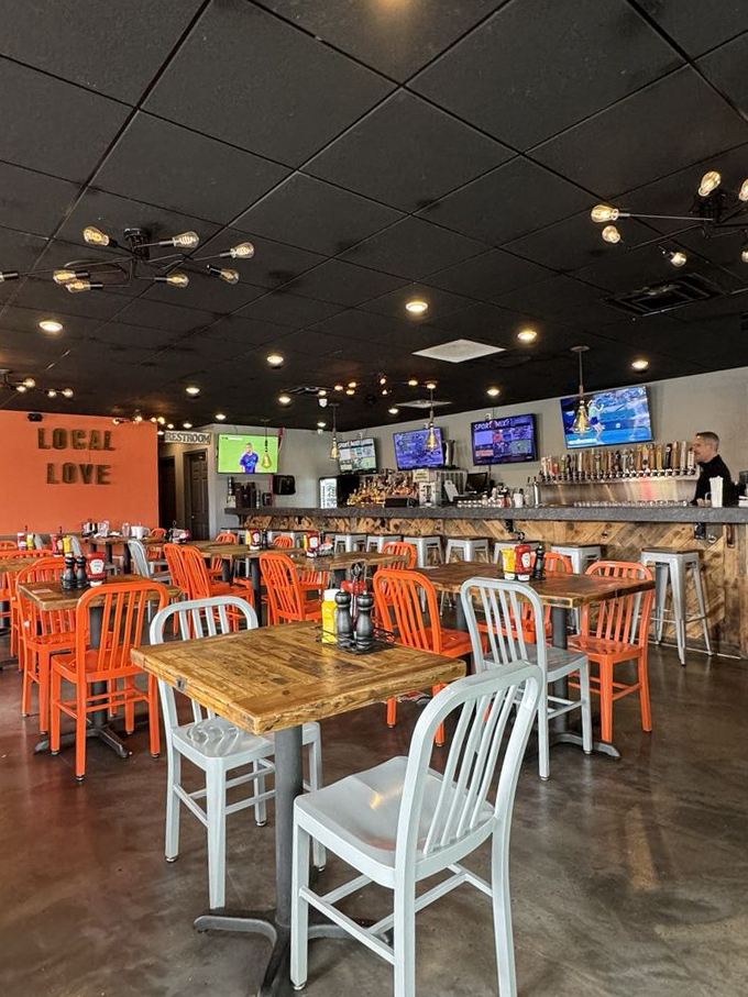 Step into burger nirvana! Sammy's interior is a feast for the eyes with its vibrant orange chairs and rustic charm. It's like Cheers, but with better food!