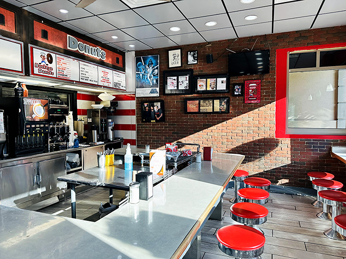 Step into a time warp where calories don't count. This diner's red and white charm could make even James Dean order a salad... maybe.
