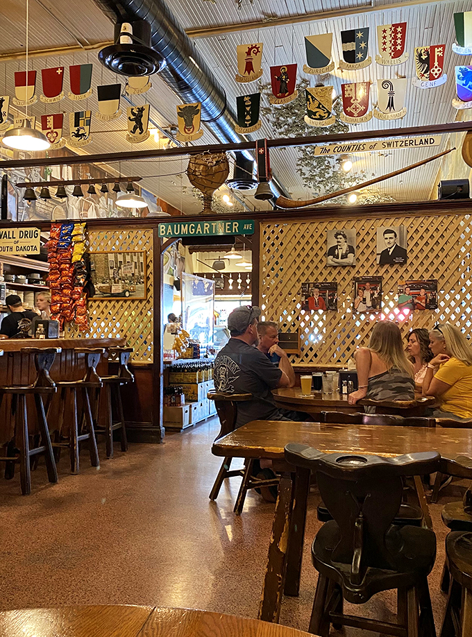 Step into a Swiss-American fever dream. Flags, lattice, and local charm create an atmosphere that's equal parts Oktoberfest and small-town gossip central.