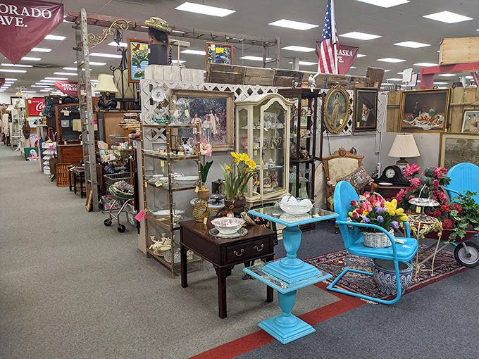 Step into a kaleidoscope of yesteryear! This aisle is a feast for the eyes, where vintage charm meets modern treasure hunting. It's like your grandma's attic, but organized.