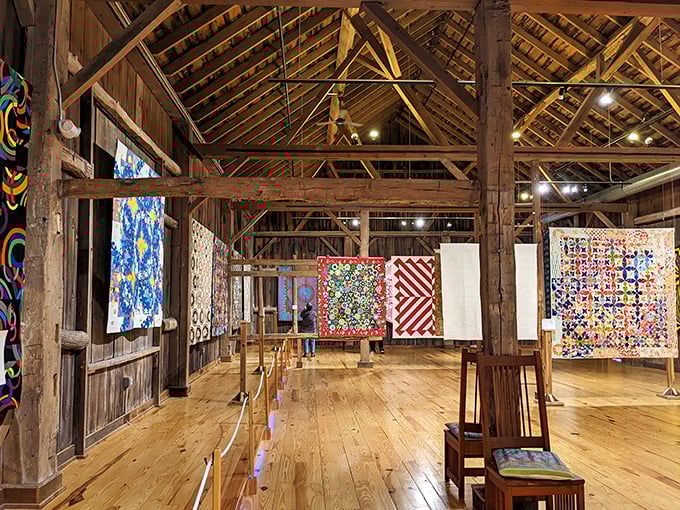 Step inside and prepare for a textile time warp. These beams have seen more patterns than a 1970s wallpaper catalog.