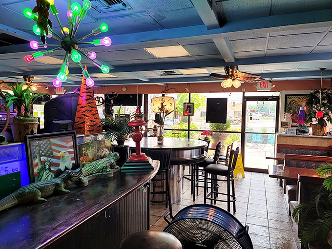 Step into a Mardi Gras fever dream! This whimsical interior is where alligator kitsch meets disco ball chic. Who knew Ohio could party like New Orleans?