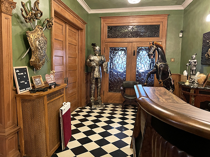 Step into a chess master's dream! The checkered floor and suit of armor create an entryway fit for royalty &ndash; or at least very fancy pawns.