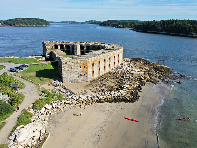 Bird's eye bliss! From above, Fort Popham looks like nature's own chessboard, with the mighty Kennebec River as its backdrop. Game on, history buffs!