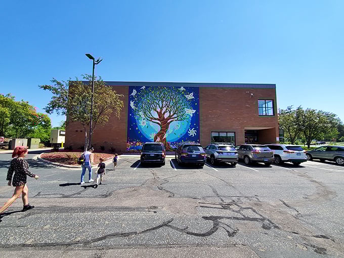 Tree-mendous roadside attraction ahead! This mural marks the spot for a wild indoor woodland romp.