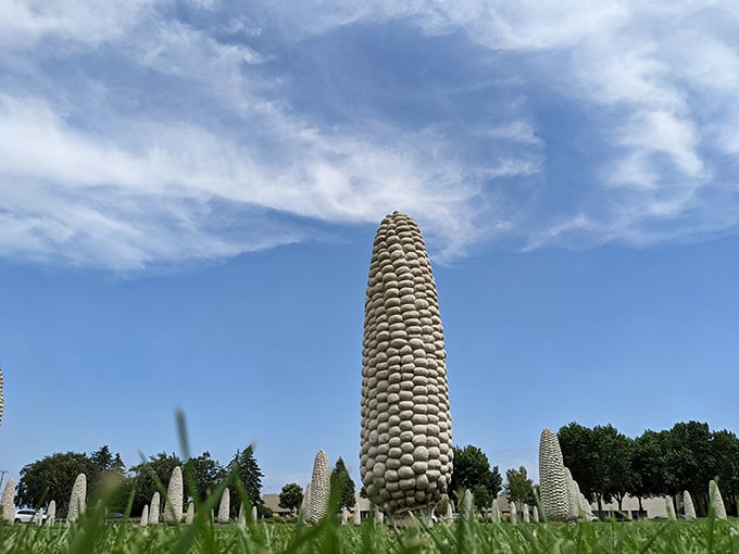 "Honey, I shrunk the humans! These mammoth maize monuments make for a-maize-ing photo ops."
