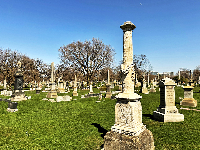 Graceland Cemetery: A stone forest of remembrance. Ornate columns and obelisks reach skyward, telling tales of Chicago's past in marble and granite.