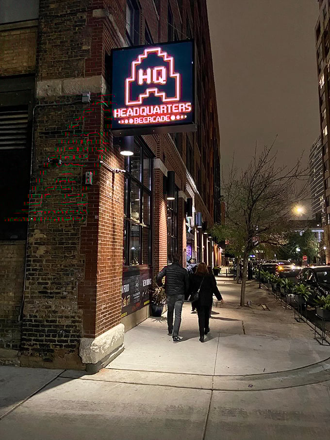 Headquarters Beercade: Where Pac-Man meets craft beer! This glowing sign is like a bat signal for grown-up gamers seeking refuge from adulting.