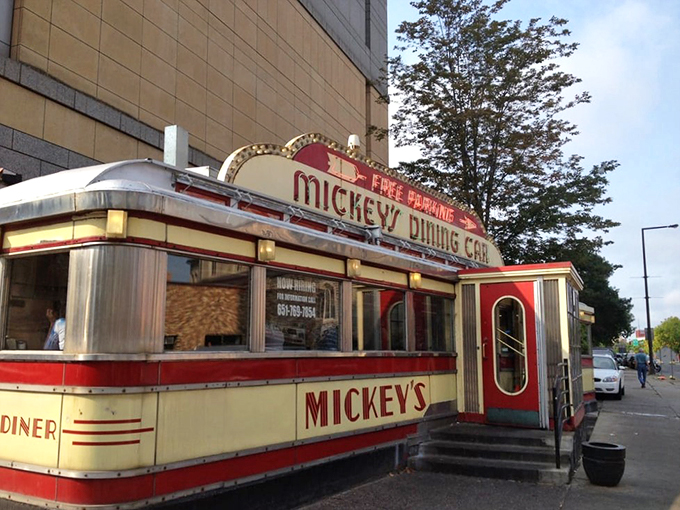 All aboard the flavor express! Mickey's Dining Car is a gleaming beacon of classic American cuisine.
