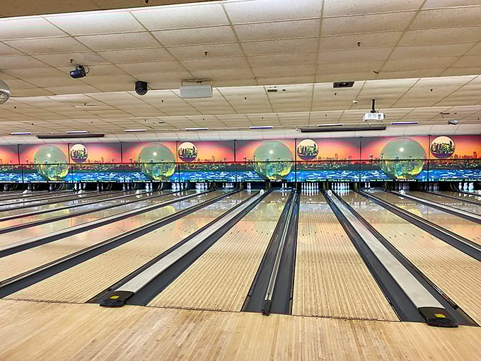 Cosmic bowling or intergalactic adventure? These lanes are lit brighter than Times Square on New Year's Eve!