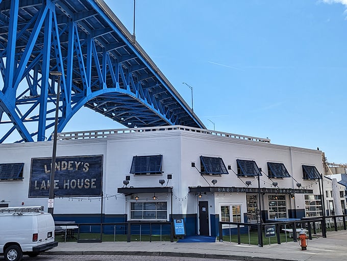 "Bridge over sizzling waters! The Lakehouse turns industrial chic into a carnivore's paradise."