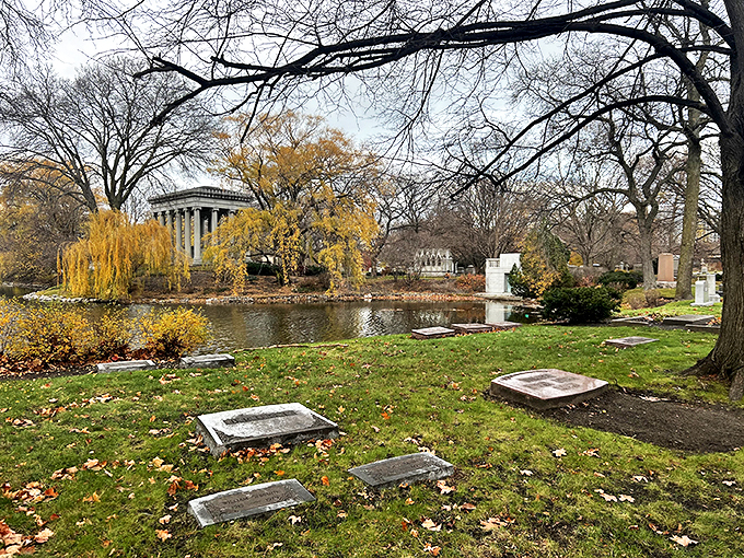 Graceland's serene pond reflects more than just clouds. It mirrors Chicago's history, with each ripple whispering stories of the city's bygone era.