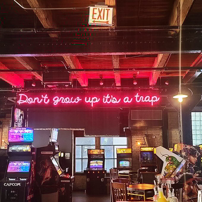 "Don't grow up, it's a trap," warns the neon wisdom. Headquarters Beercade: where your inner child and outer adult come to play &ndash; and drink!