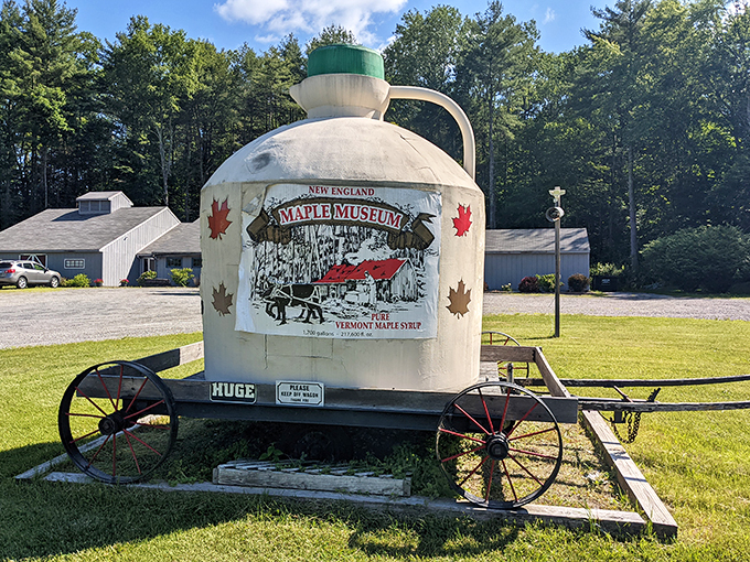 Holy syrup, Batman! This giant jug is sweeter than Gotham City. New England Maple Museum's iconic landmark promises a sticky adventure.