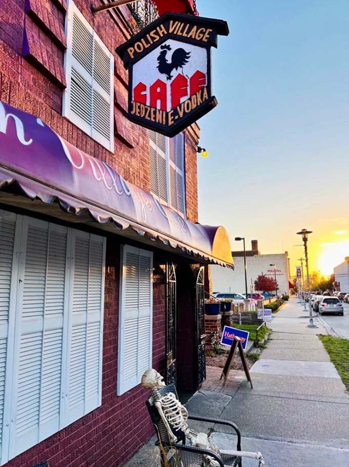 Sunset over Polish Village Cafe: Where vodka flows, pierogi dreams come true, and even the skeleton knows how to party. Na zdrowie!