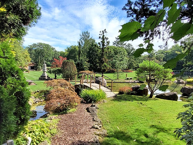 Bridge over serene waters. This charming wooden arch invites you to cross into a world of zen-like calm.