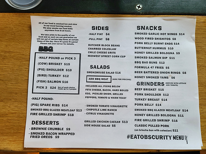 Menu, oh menu, how do I choose? From brisket to bologna, this smorgasbord of smoky delights is like a treasure map for your taste buds.