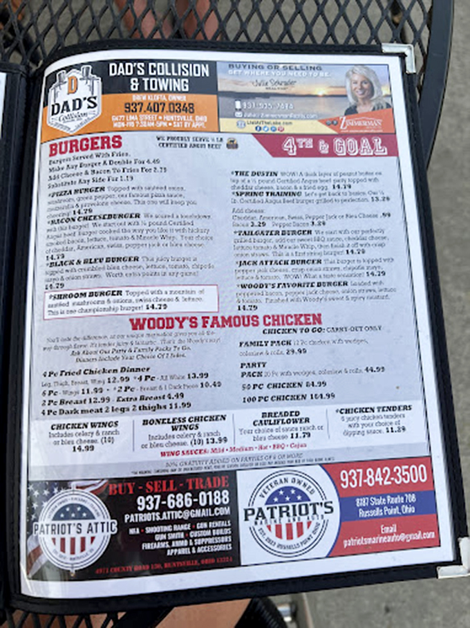 Menu madness! Woody's offerings read like a greatest hits album of American cuisine, with each dish vying for the coveted "Most Likely to Make You Drool" award.