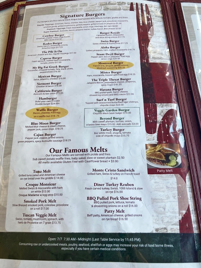 Decisions, decisions! This menu's got more options than a choose-your-own-adventure book. From Cowboy Burgers to Veggie Melts, there's a plot twist for every palate.