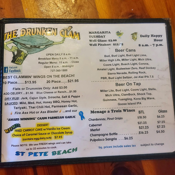 A menu that speaks to the soul! From "Clammin' Wings" to fried carrot cake, it's a culinary adventure waiting to happen.