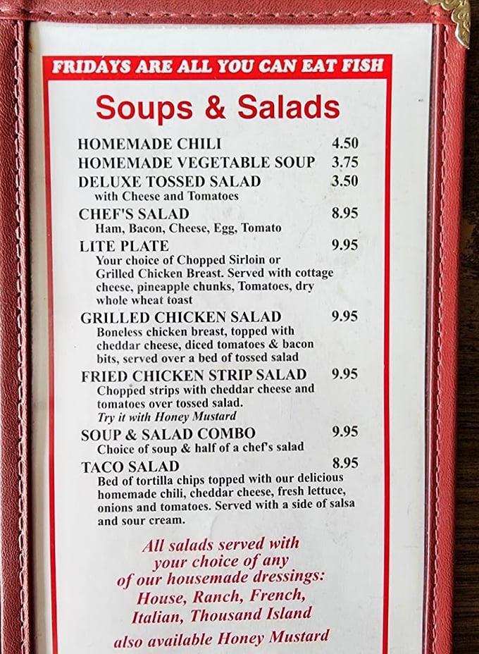 A menu that reads like a love letter to comfort food. From homemade chili to taco salads, every craving finds its match.