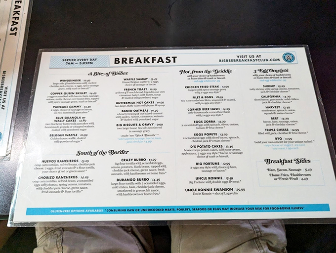 Decisions, decisions! This menu is like a roadmap to breakfast bliss. Better bring your appetite and sense of adventure!