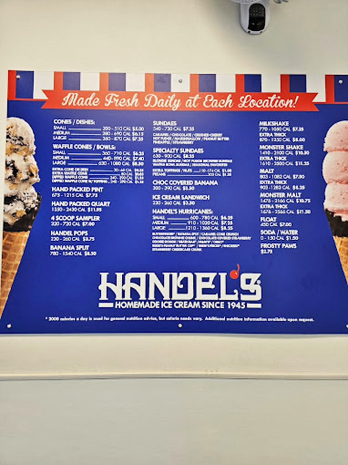 A sweet symphony of choices: Handel's menu board showcases their homemade ice cream offerings, from classic cones to monstrous shakes, all made fresh daily since 1945.