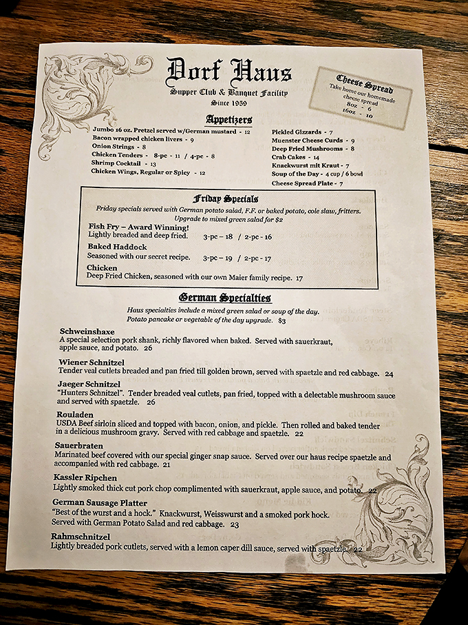 A menu that reads like a love letter to German cuisine. From Schweinshaxe to Sauerbraten, it's a culinary adventure waiting to happen!