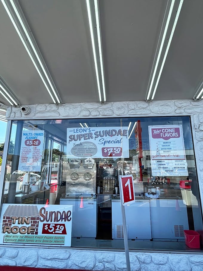 Feast your eyes on this sweet lineup! Leon's menu is a treasure map of frozen delights, from classic cones to the legendary "Super Sundae Special."