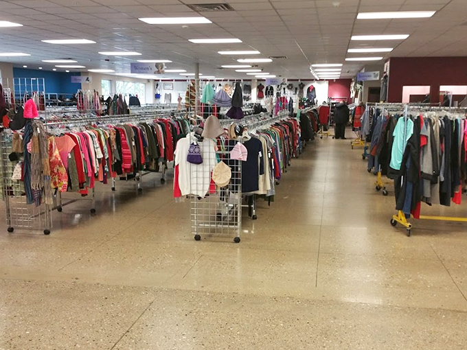 A sea of sartorial possibilities! These racks of clothes are like a fashion time machine, ready to transport you to any era.
