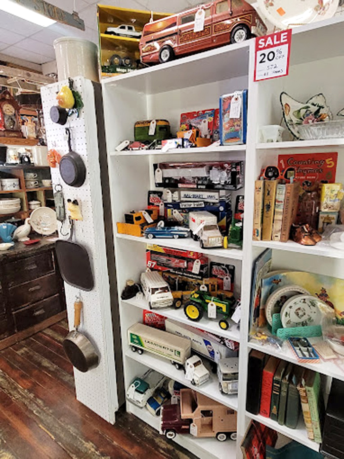 Toy story come to life: From classic cars to cuddly companions, this shelf is a playground for the young at heart.