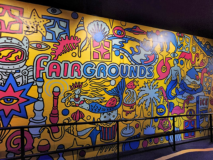 Fairgrounds or fever dream? This psychedelic mural is what happens when a carnival barker and a street artist have a paint-off.