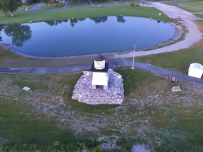 Bird's eye brilliance! From up here, the lighthouse looks like nature's chess piece, guarding Lake Erie's watery board.