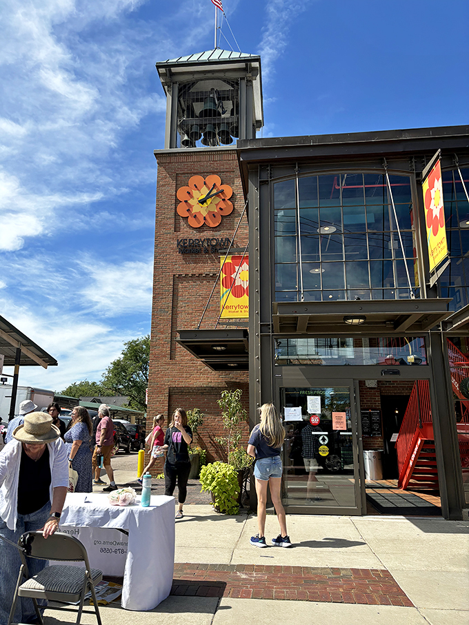 Look up and listen! The Kerrytown Chime, perched high above, is ready to serenade shoppers with its melodious metal voice.
