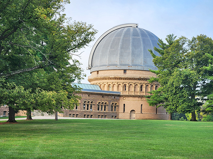 Is it just me, or does this dome look like it's about to blast off? Yerkes' silver crown gleams against the trees, a beacon for cosmic explorers.