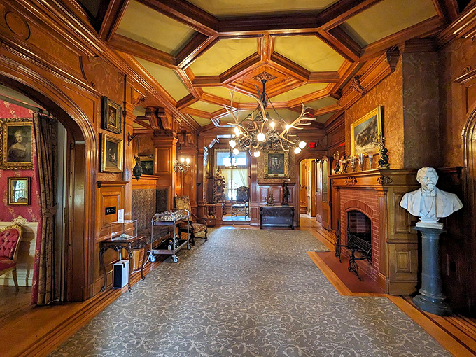 Step into a time machine disguised as a foyer! This entrance hall is giving serious "Downton Abbey" vibes, minus the drama and plus a whole lot of beer money.
