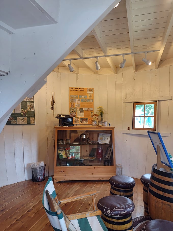 Step inside a time capsule of whimsy! The interior is a cozy blend of vintage charm and pickle-inspired ingenuity.