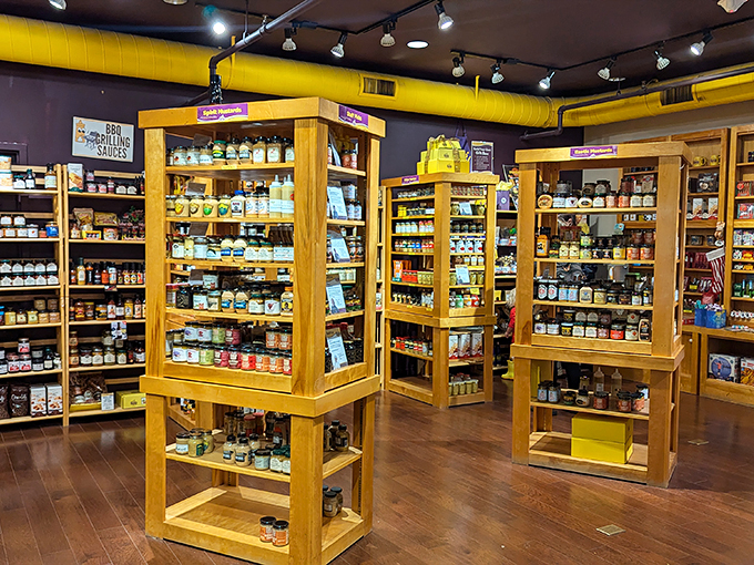 Mustard Disneyland for grown-ups. Shelves upon shelves of golden goodness await, each jar a ticket to taste bud adventure.