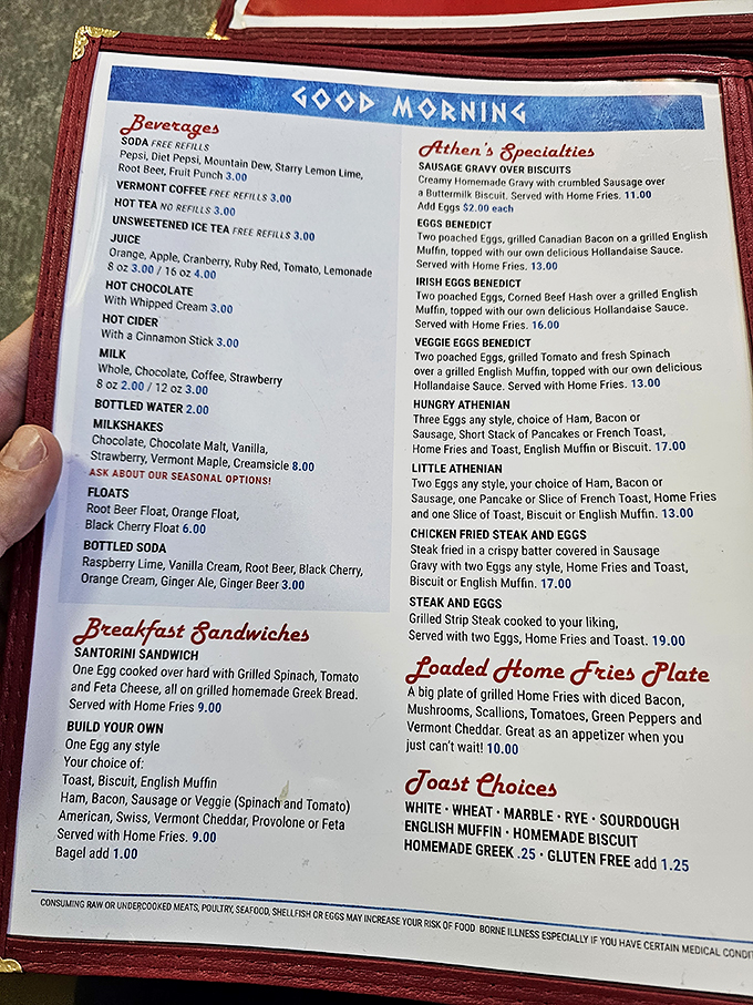Behold, the sacred text of breakfast lovers! This menu is a roadmap to culinary bliss, with more options than a choose-your-own-adventure novel.