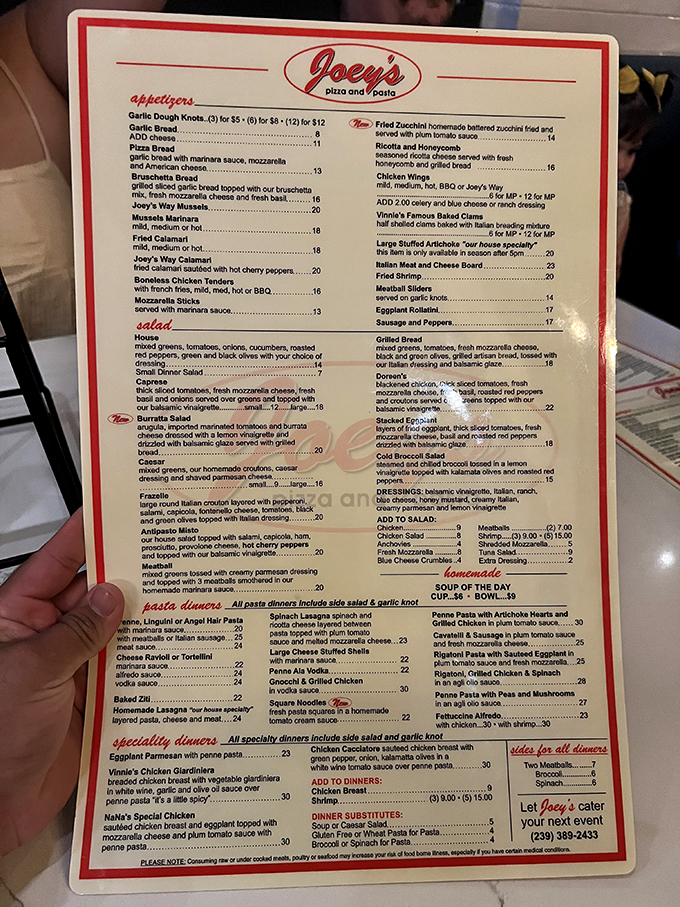 Behold, the menu of dreams! It's like a treasure map, but instead of X marking the spot, it's "pizza" and "pasta" leading you to culinary gold.