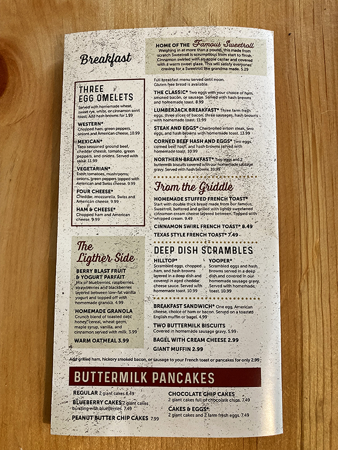 Behold, the menu of dreams! From omelets to pancakes, it's a roadmap to culinary bliss that would make even Ron Swanson weep with joy.