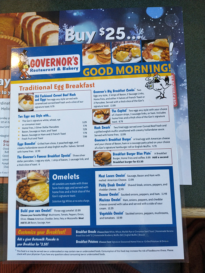 Behold, the breakfast bible! This menu is a choose-your-own-adventure of morning delights. Pro tip: "The Capital" is a feast fit for, well, a governor.