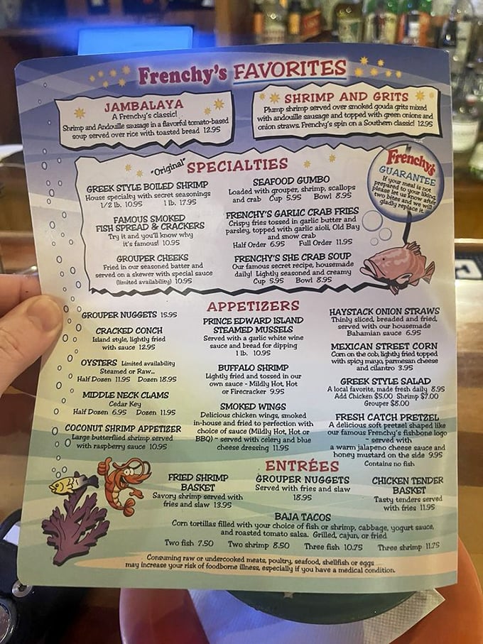 Decisions, decisions! Frenchy's menu is a treasure map of oceanic delights. Pro tip: close your eyes and point &ndash; you can't go wrong!