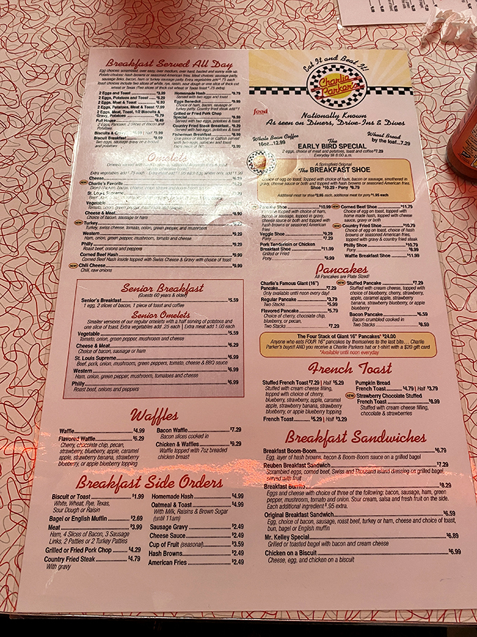 Decisions, decisions! Charlie Parker's menu is a roadmap to comfort food paradise. Pro tip: Bring your reading glasses and your appetite.