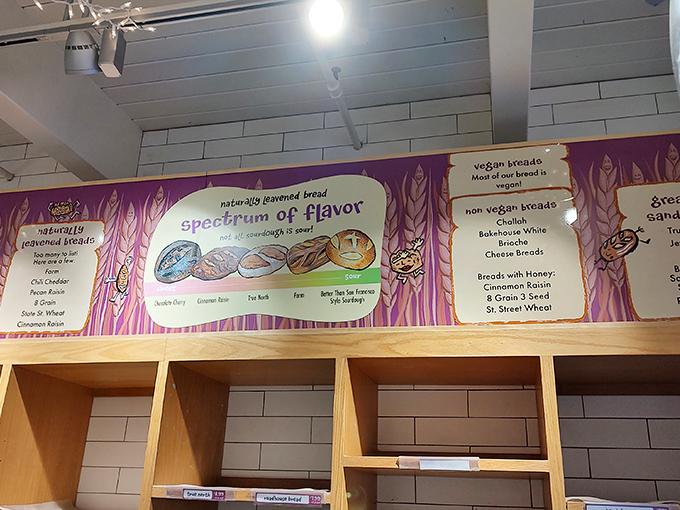 Bread, glorious bread! This menu board showcases Zingerman's commitment to variety, from vegan options to classic loaves that would make your grandma proud.